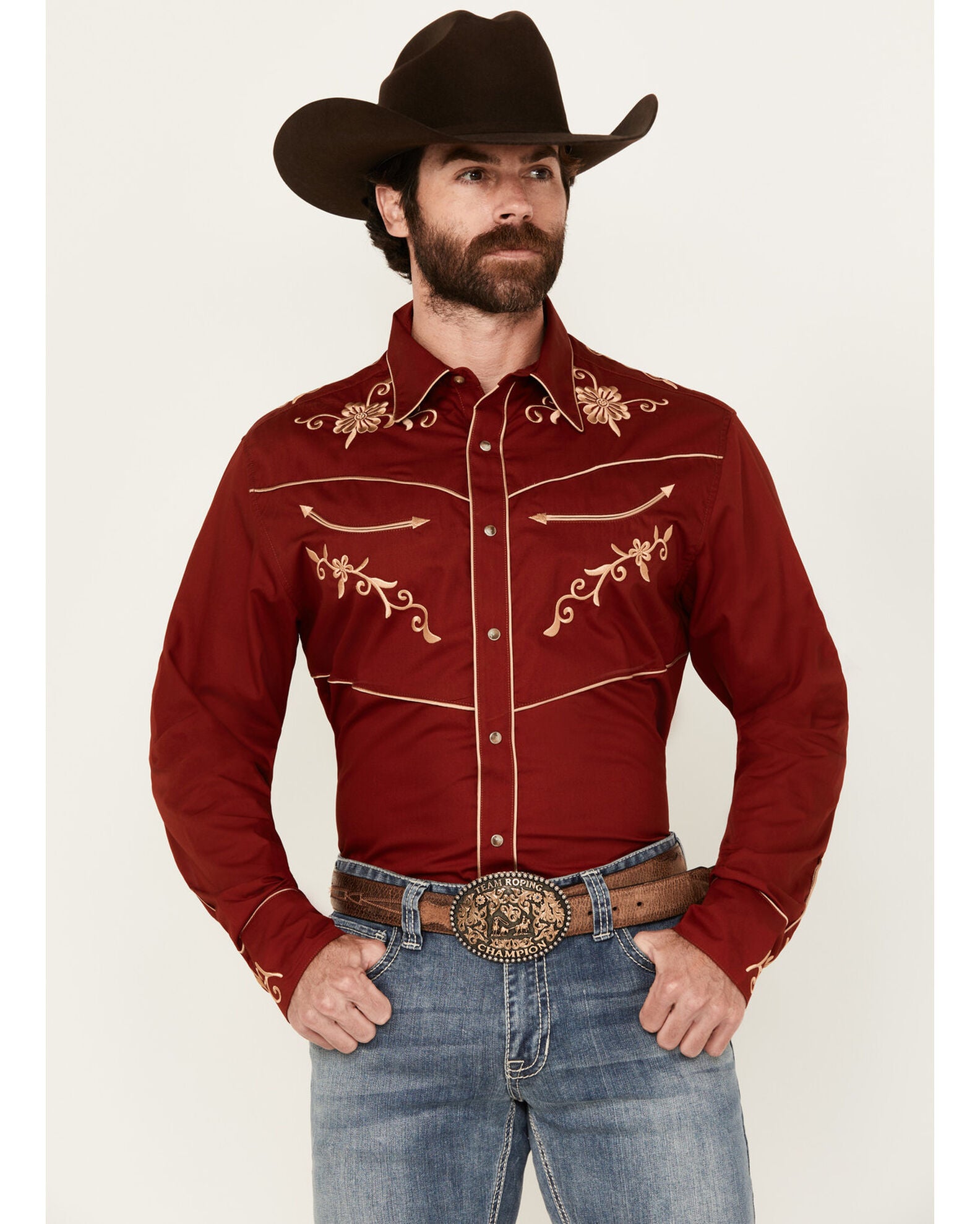 Wrangler Men's Rodeo Ben Embroidered Long Sleeve Snap Western Shirt, Red