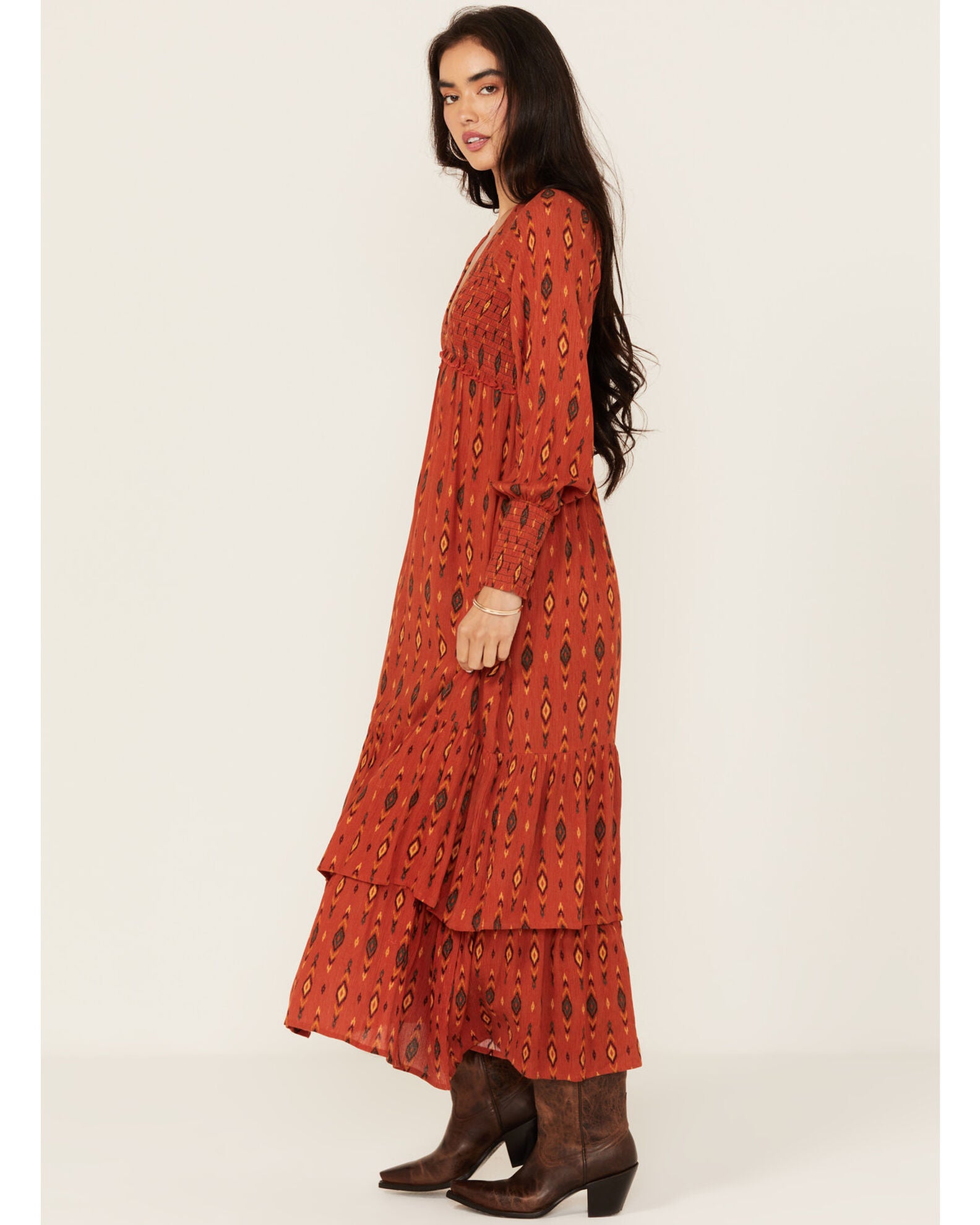 Panhandle Women's Southwestern Print Long Sleeve Midi Dress, Rust Copper