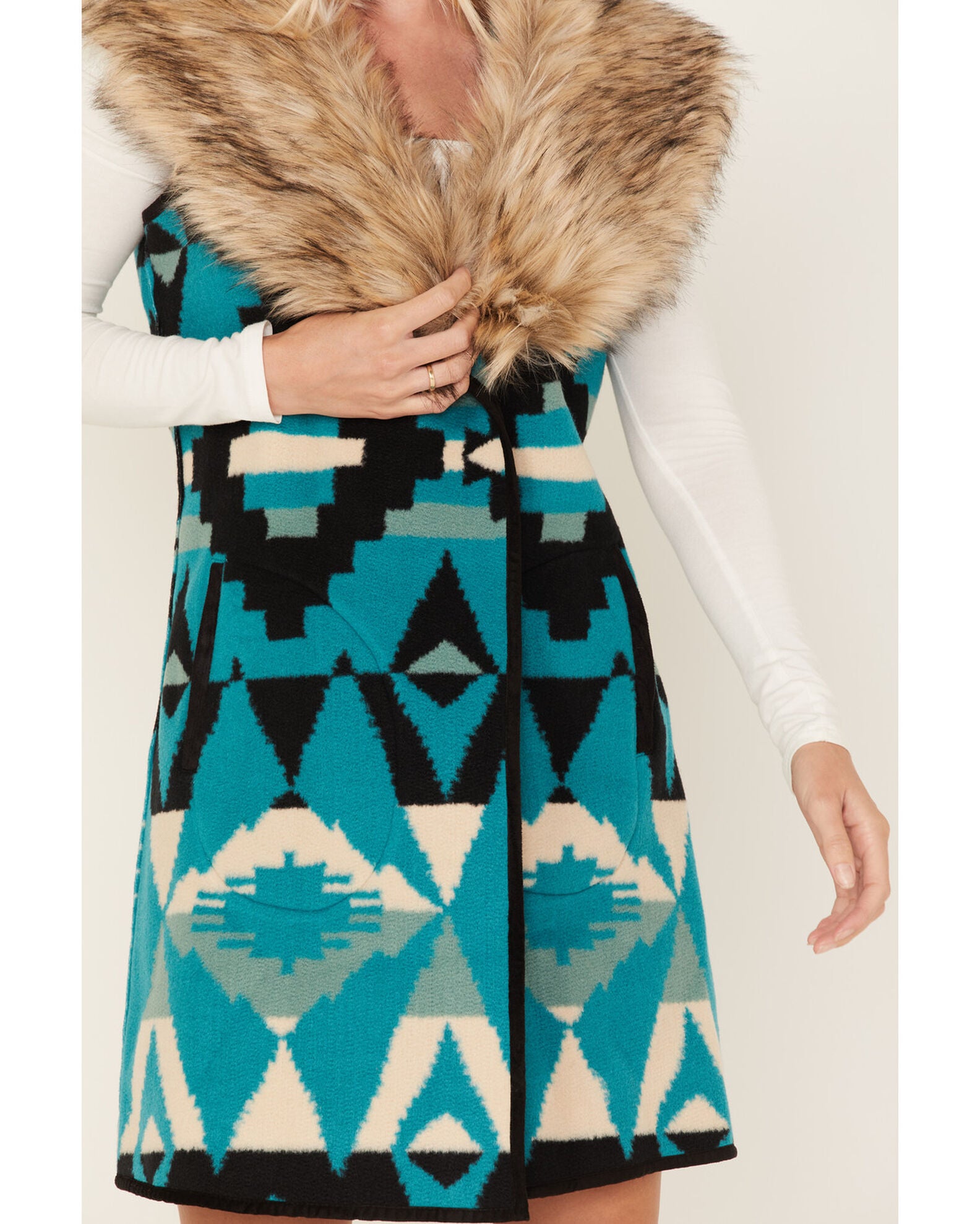 Tasha Polizzi Women's Southwestern Print Faux Fur Old Ranch Vest, Turquoise