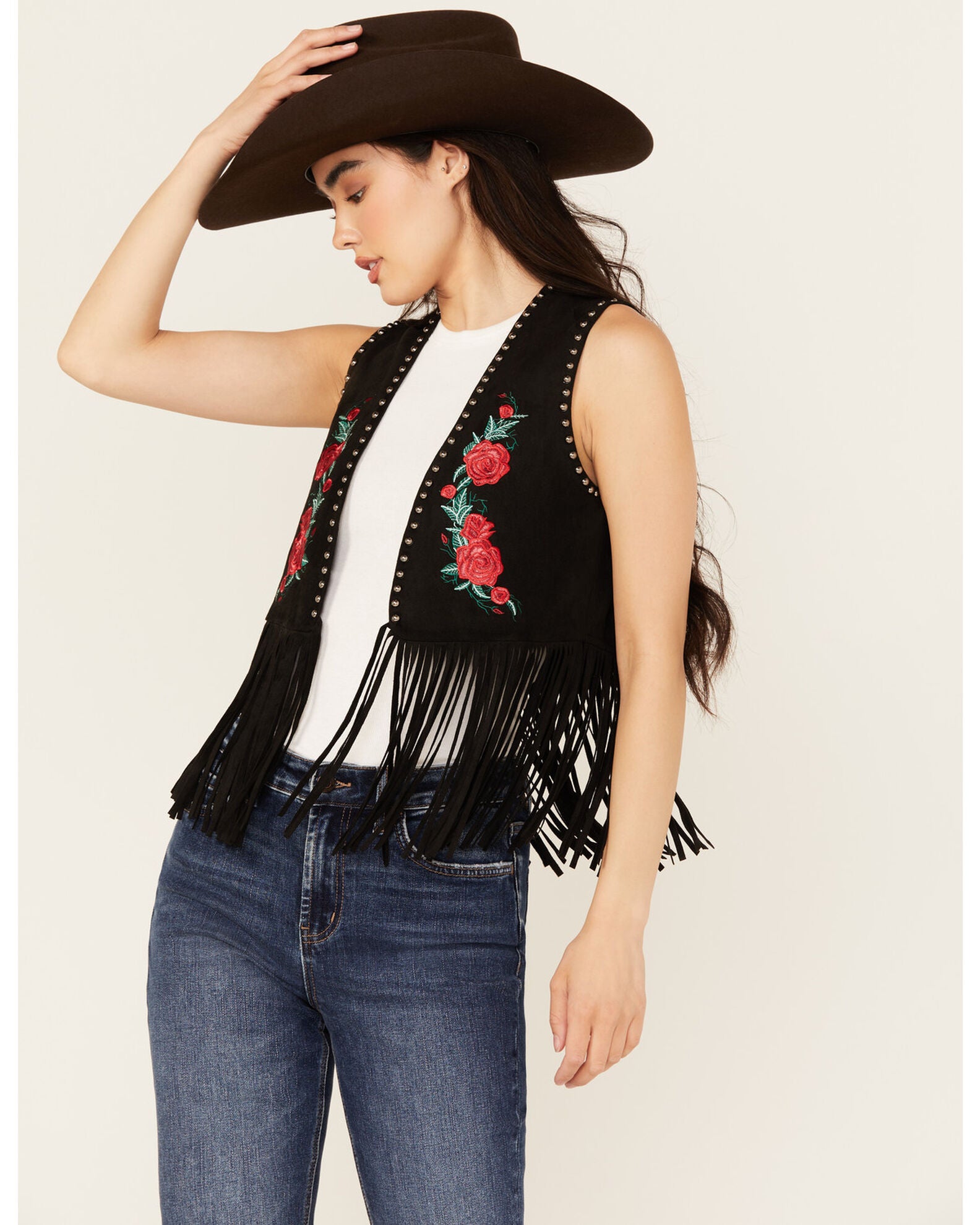 Vocal Women's Embroidered Rose Faux Suede Fringe Vest, Black