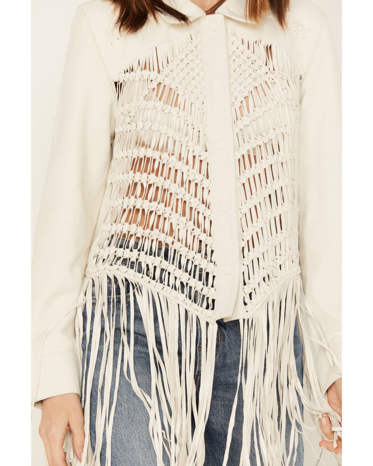 Wonderwest Women's Macrame Back Long Sleeve Snap Shirt, White