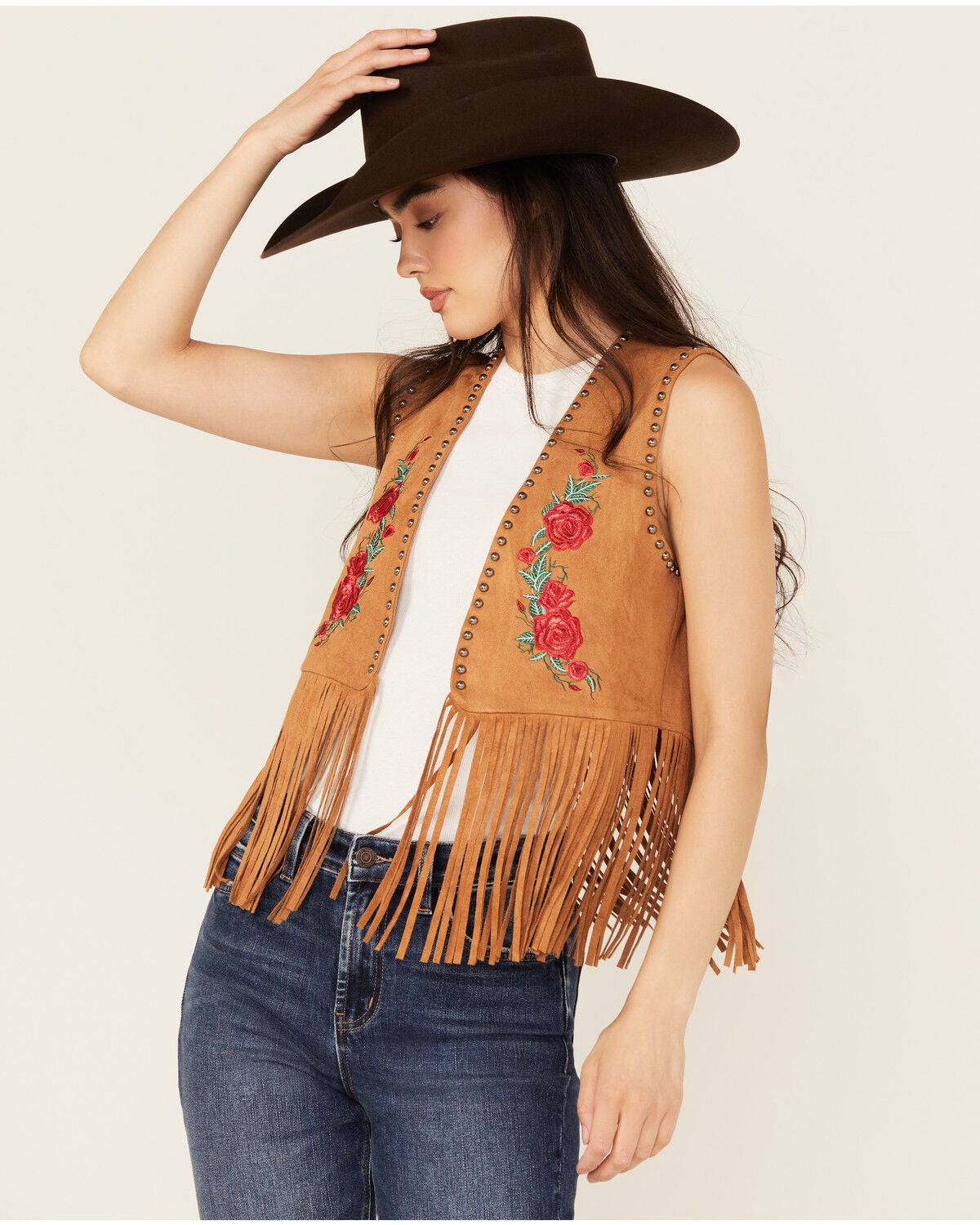 Vocal Women's Embroidered Rose Faux Suede Fringe Vest, Tan