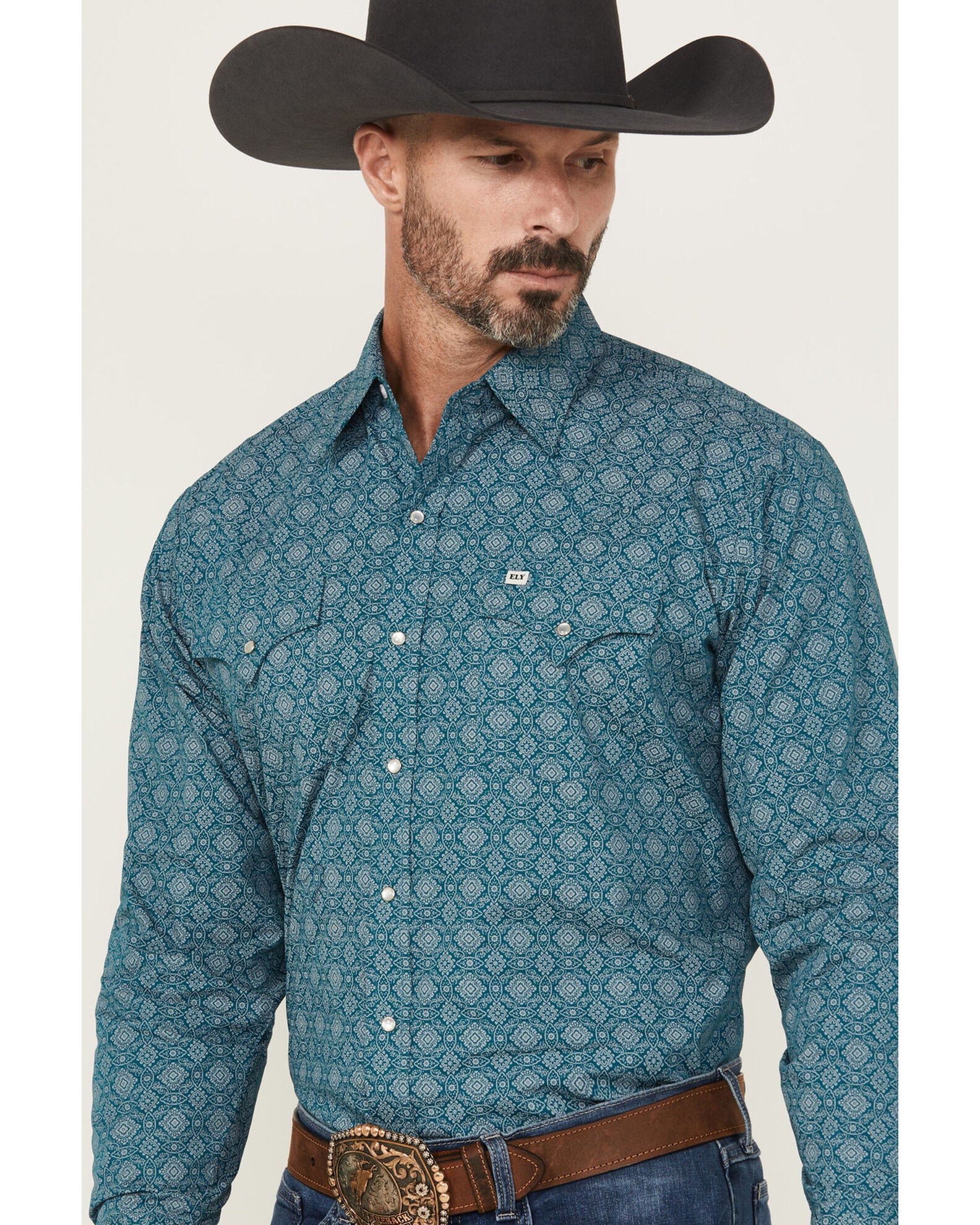 Ely Walker Men's Medallion Print Long Sleeve Pearl Snap Western Shirt, Teal