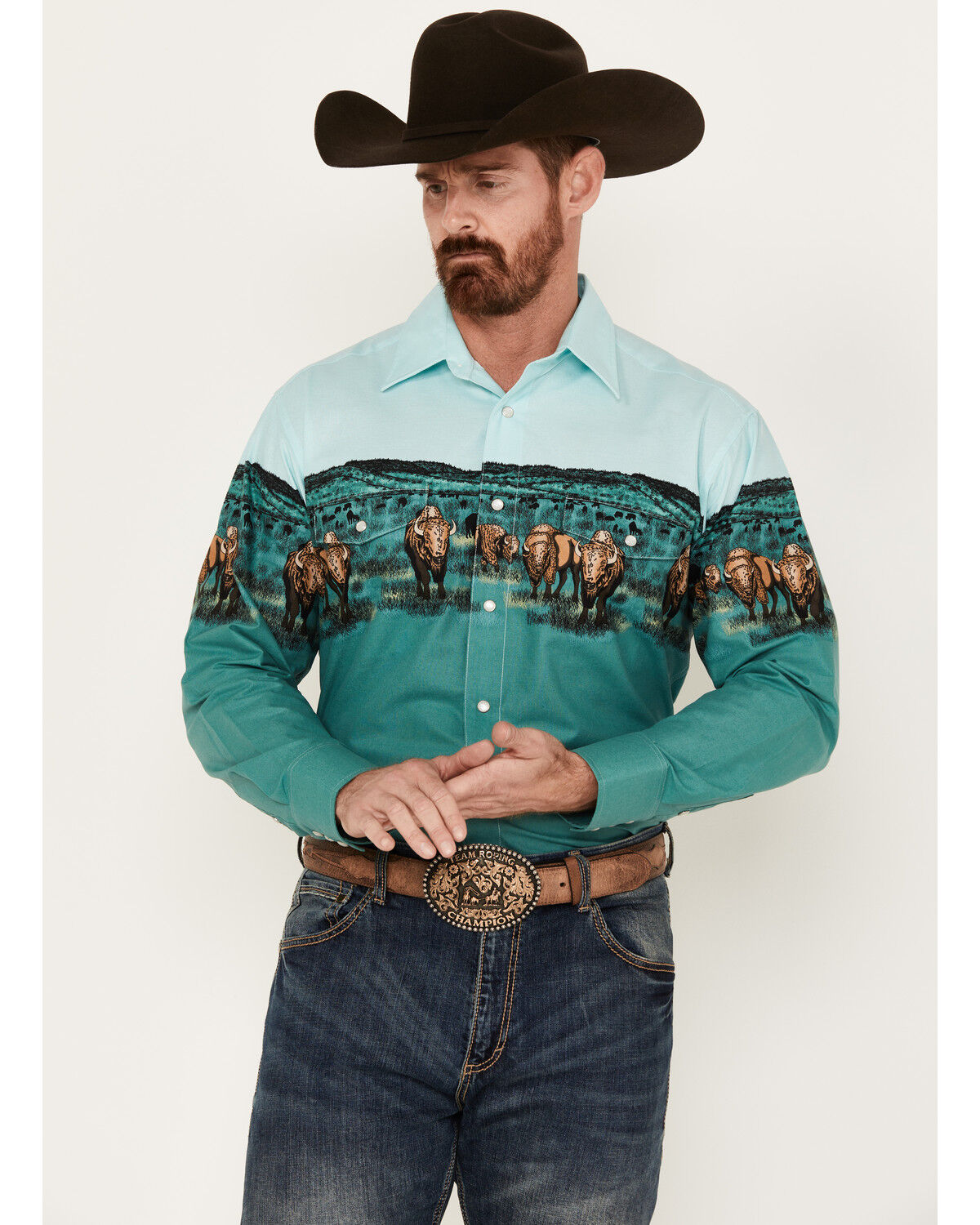 Panhandle Mens Buffalo Border Print Long Sleeve Pearl Snap Western
