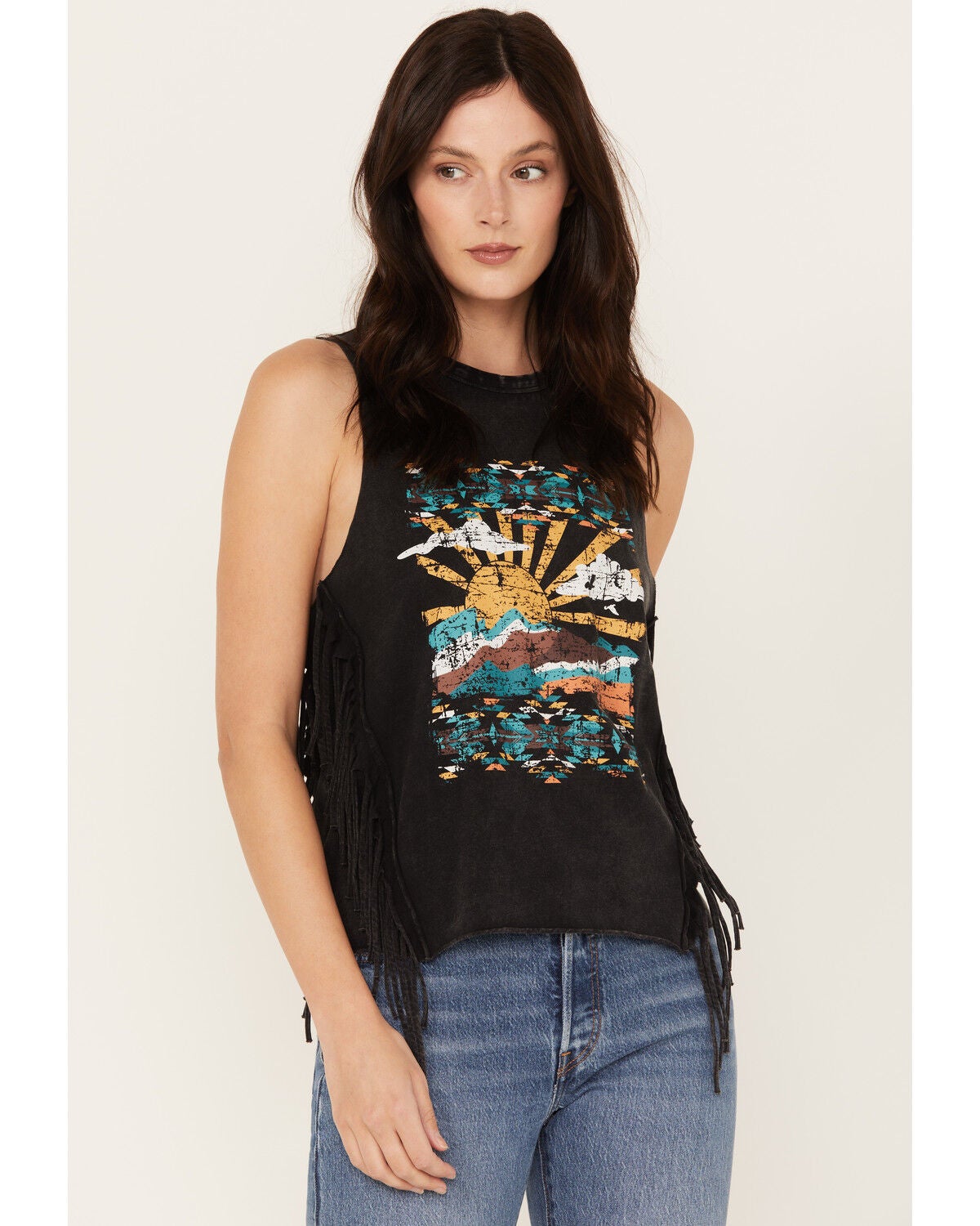 Rock & Roll Denim Women's Vintage Graphic Fringe Tank, Charcoal