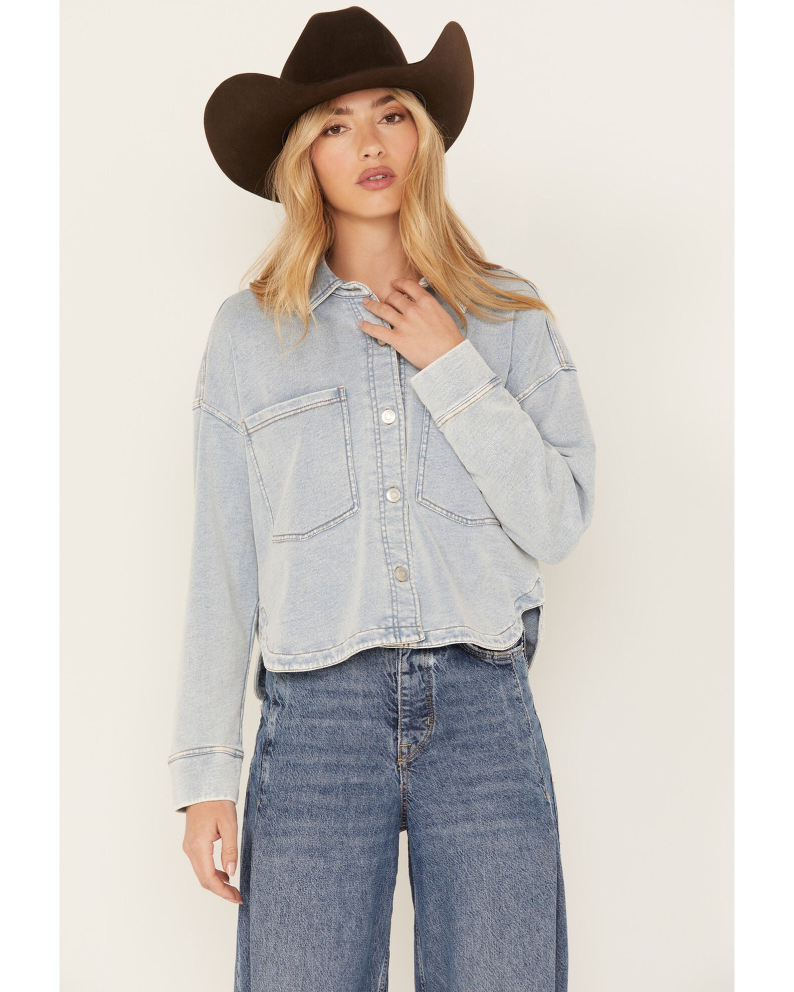 White Crow Women's Denim Knit Cropped Shacket, Light Blue