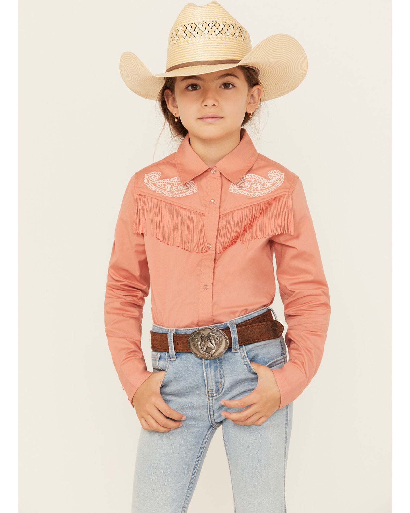 Shyanne Girls' Western Embroidered Fringe Long Sleeve Snap Stretch ...