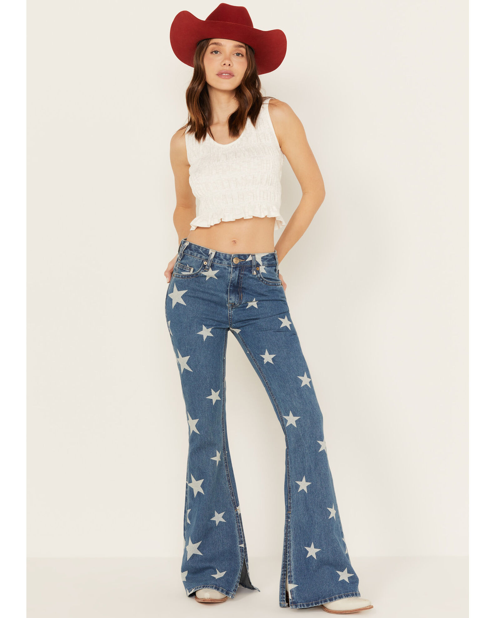 Rock And Roll Denim Womens Light Wash High Rise Star Print Americana