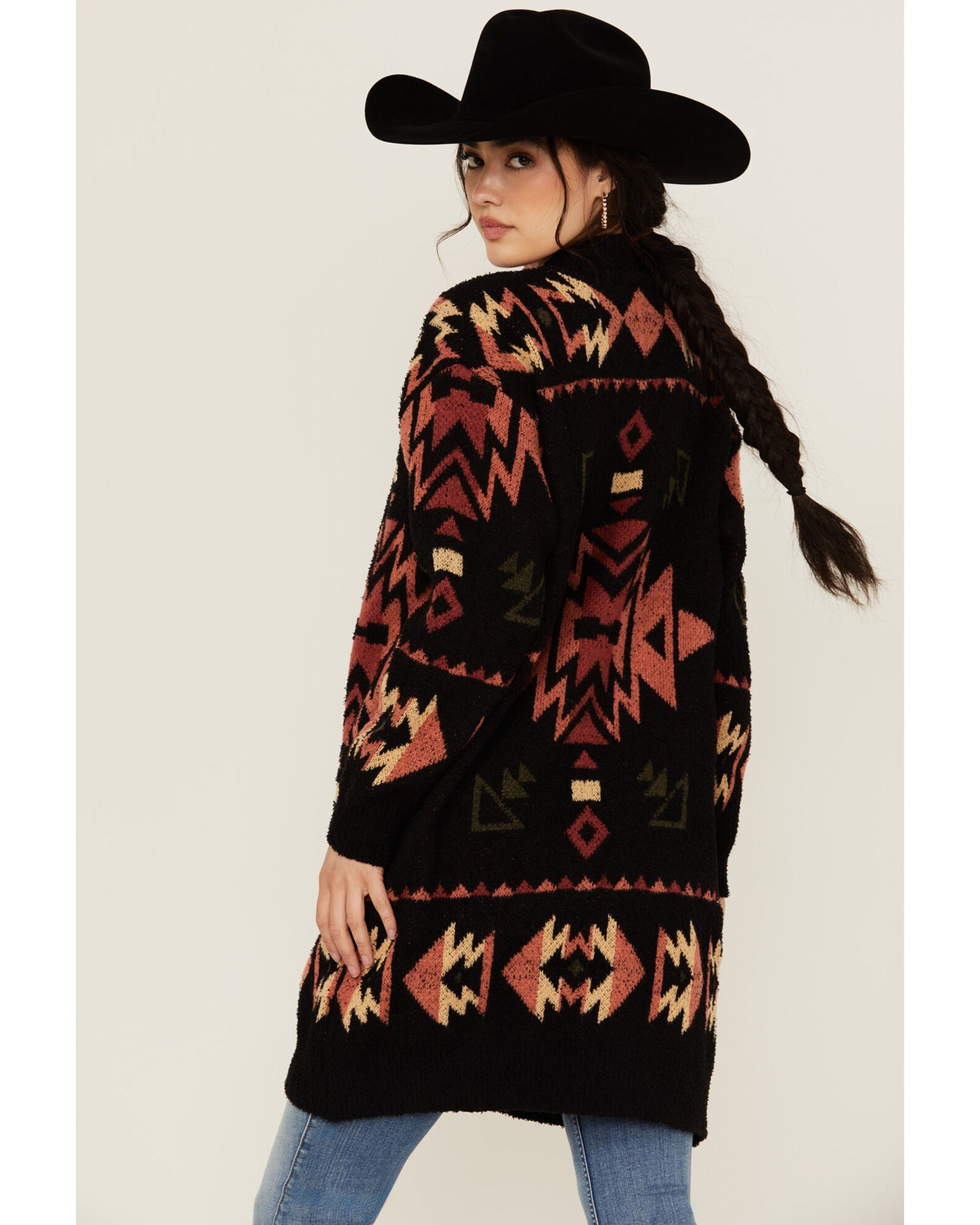 Angie Women's Southwestern Print Open Front Sweater, Black