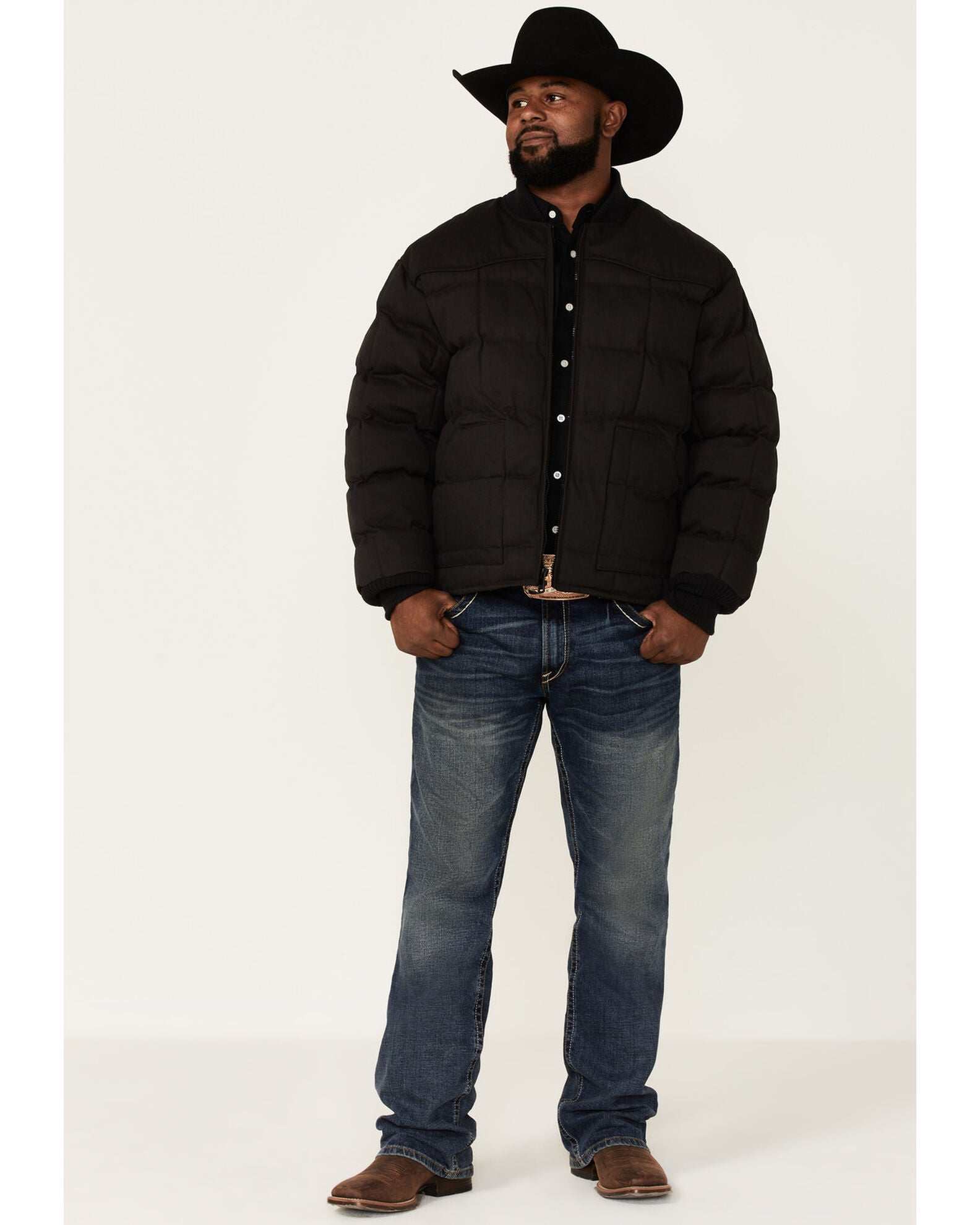 Rodeo Clothing Men's Black Canvas Zip-Front Western Puffer Jacket