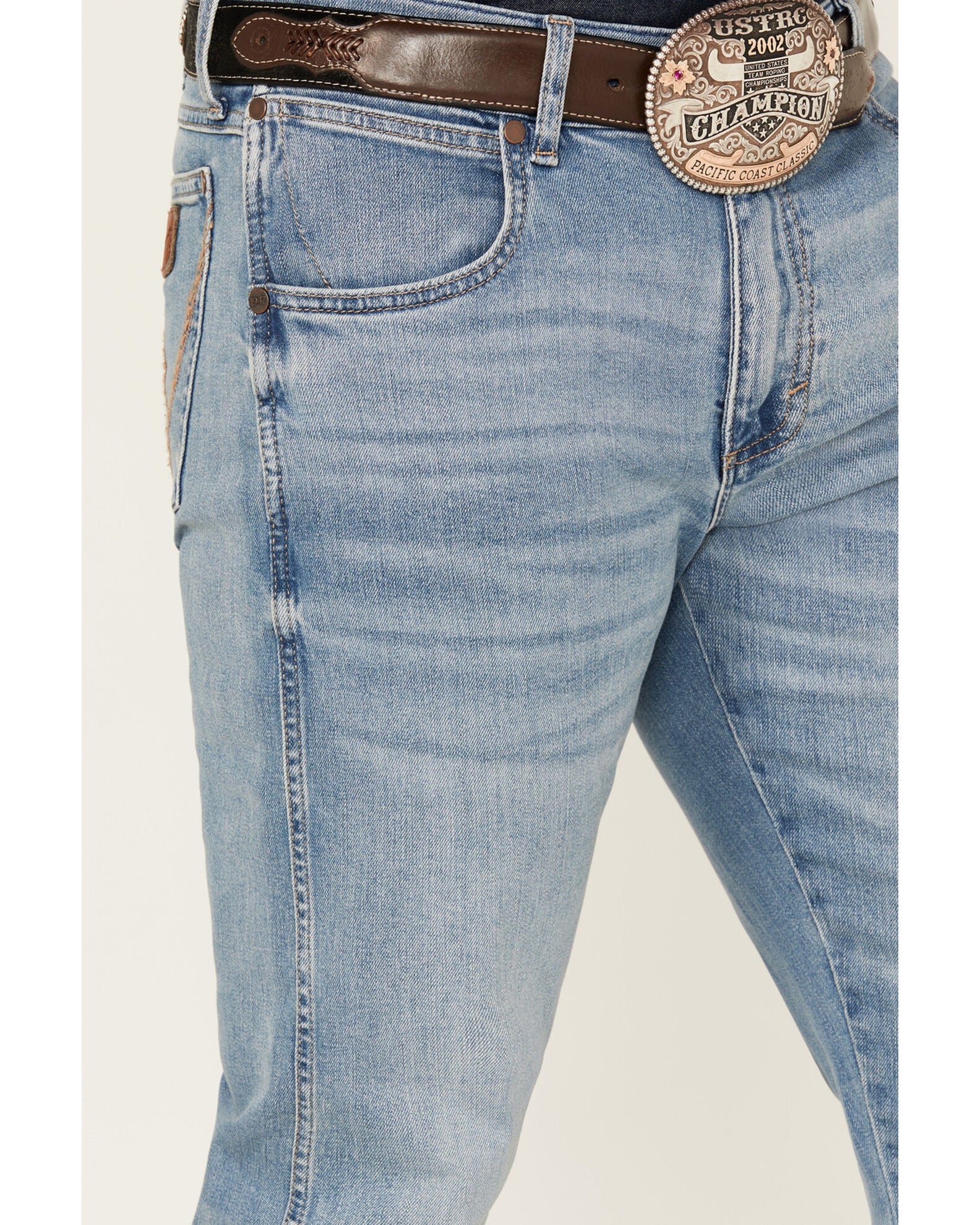Product Name: Wrangler Retro Men's Light Wash Flintlock Slim Bootcut Stretch Denim Jeans