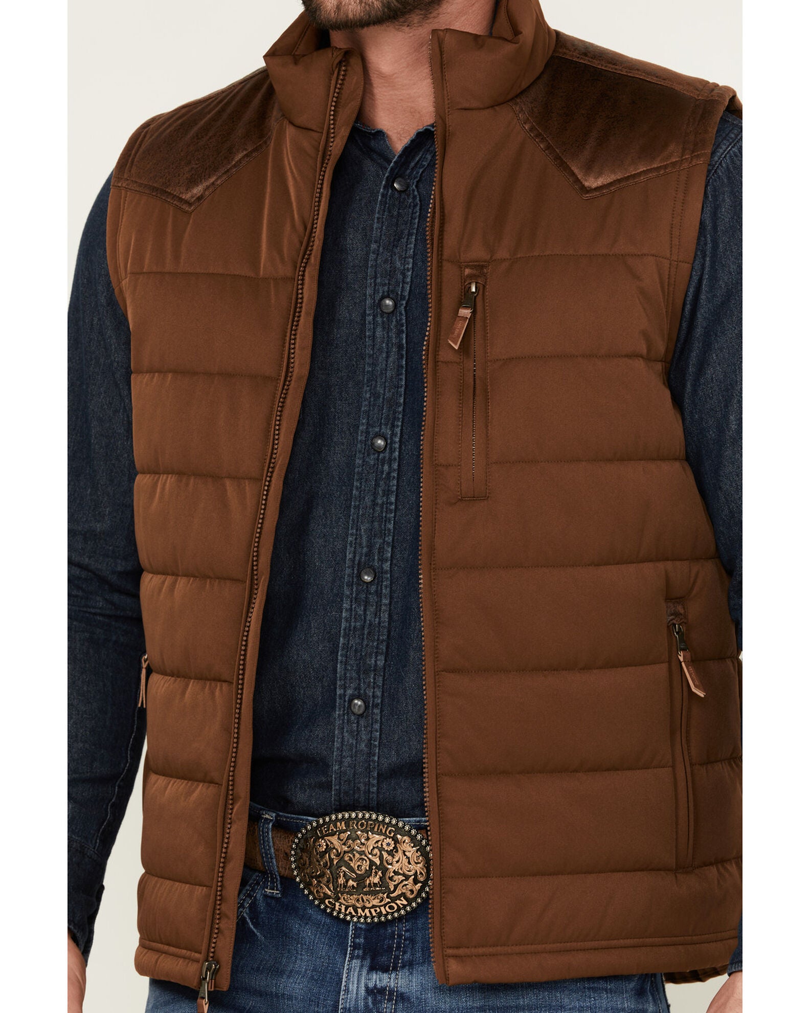 Cody James Men's Leather Yoke Puffer Vest, Camel