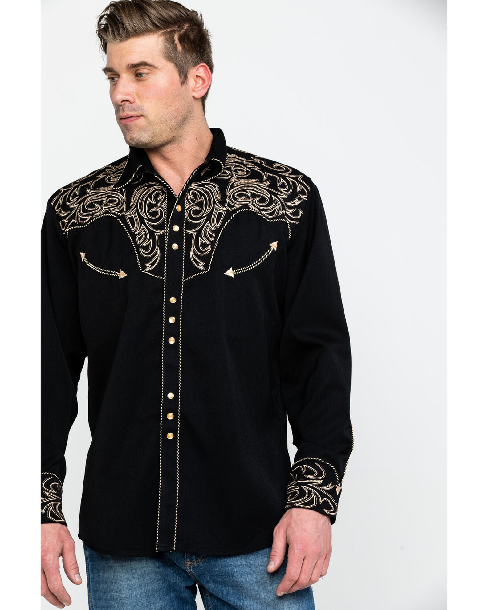 Scully Men's Embroidered Scroll Long Sleeve Snap Western Shirt, Black