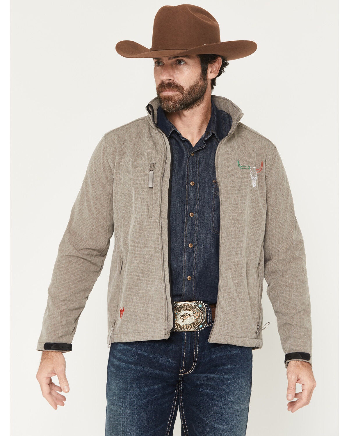 Cowboy Hardware Men's Hecho en Mexico Longhorn Softshell Jacket, Khaki