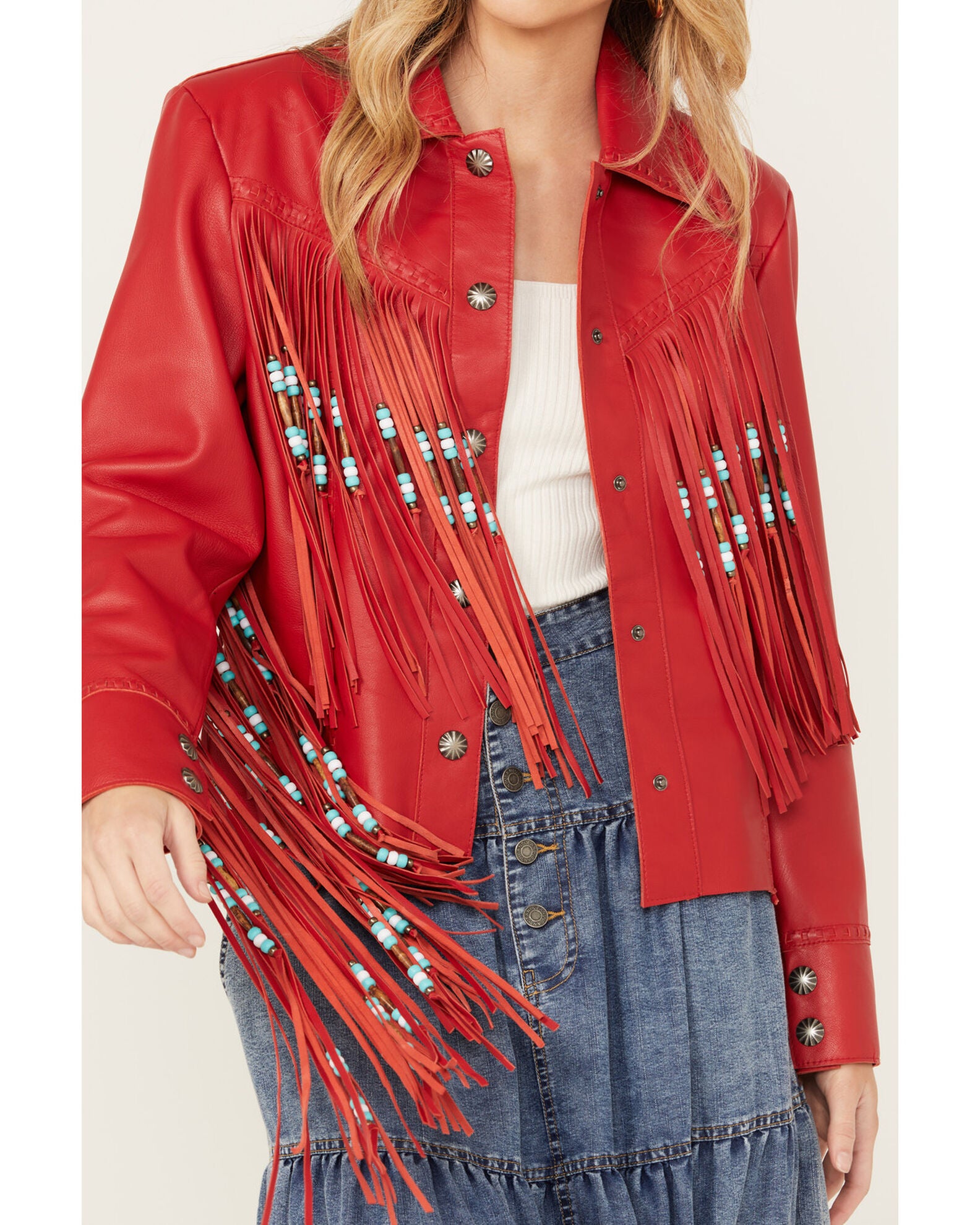 Cripple Creek Women's Leather Beaded Fringe Jacket, Red