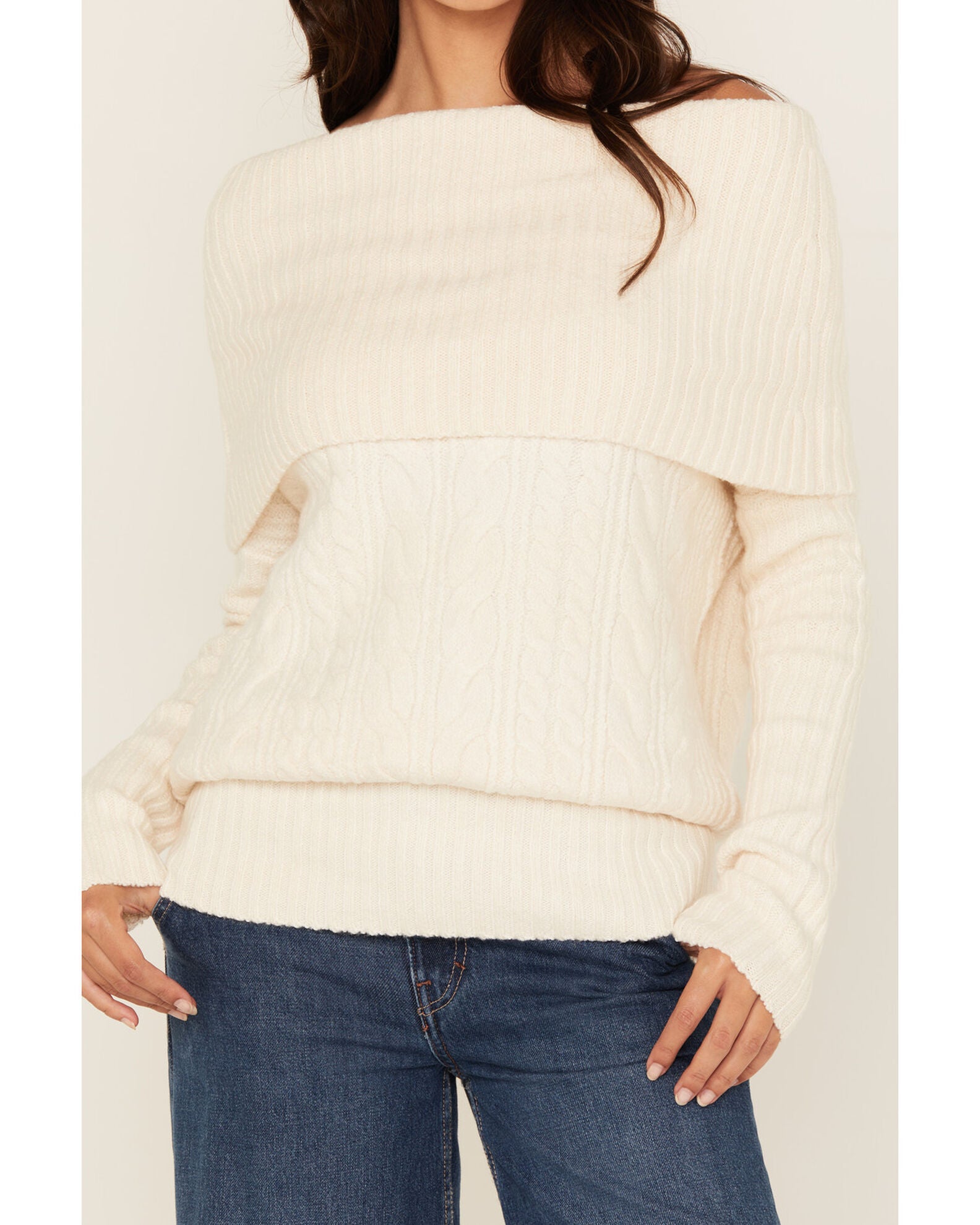 Shyanne Women's Off The Shoulder Cable Knit Sweater, Off White