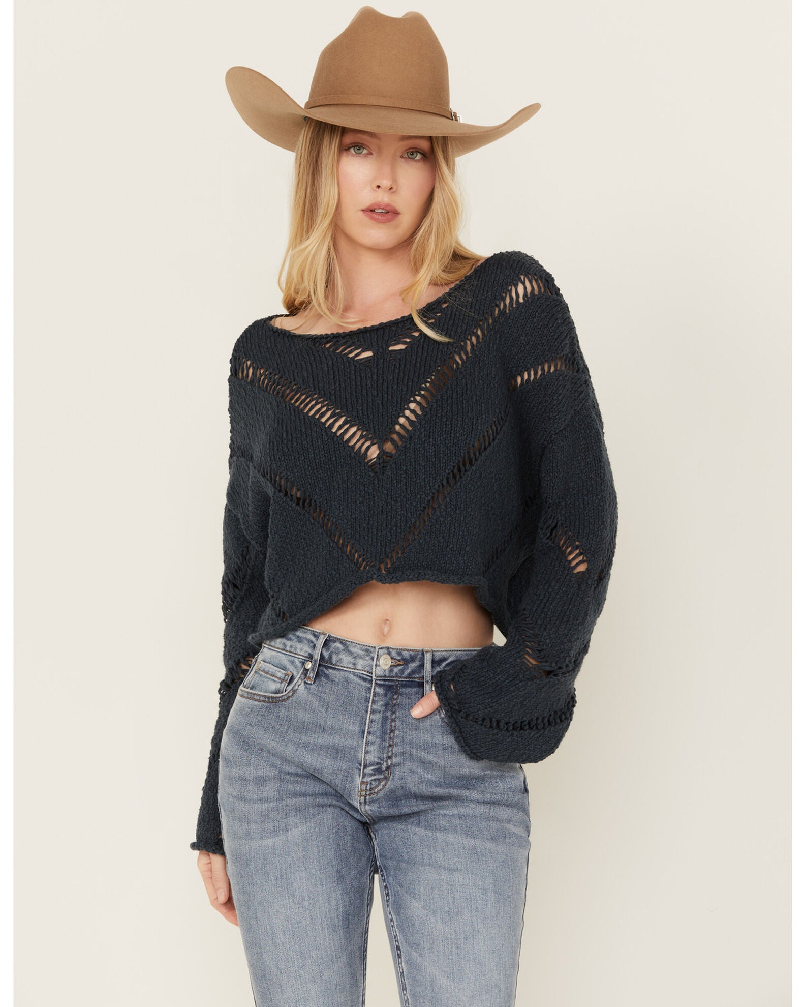 Free People Women's Distressed Cropped Sweater, Navy