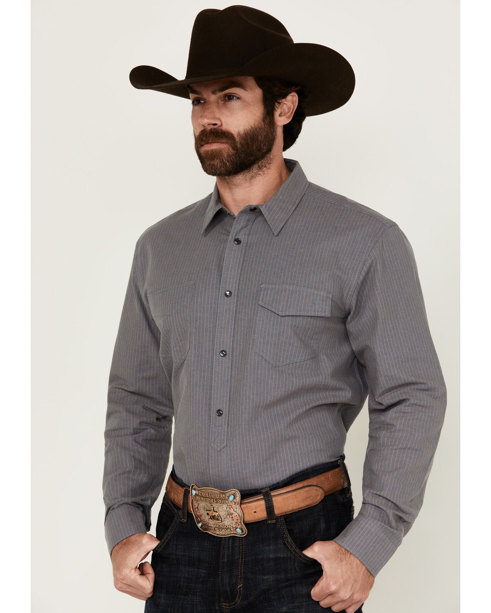 Product Name: Blue Ranchwear Men's Grayson Striped Long Sleeve Pearl ...