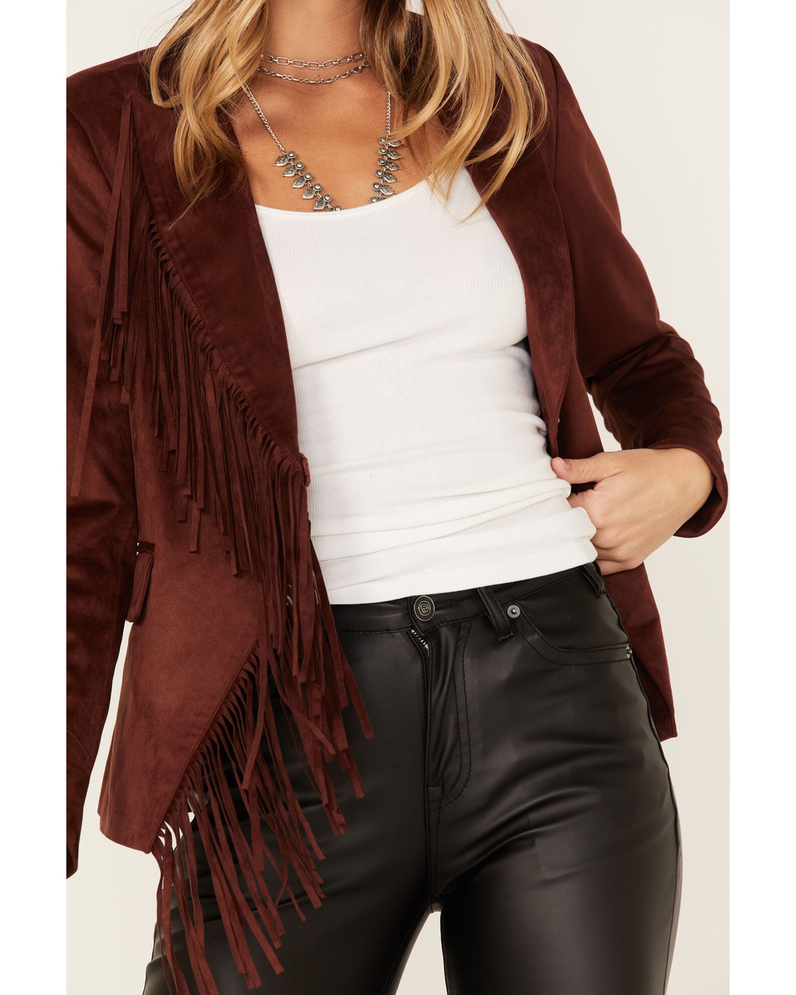 Shyanne Women's Fringe Faux Suede Blazer, Chestnut