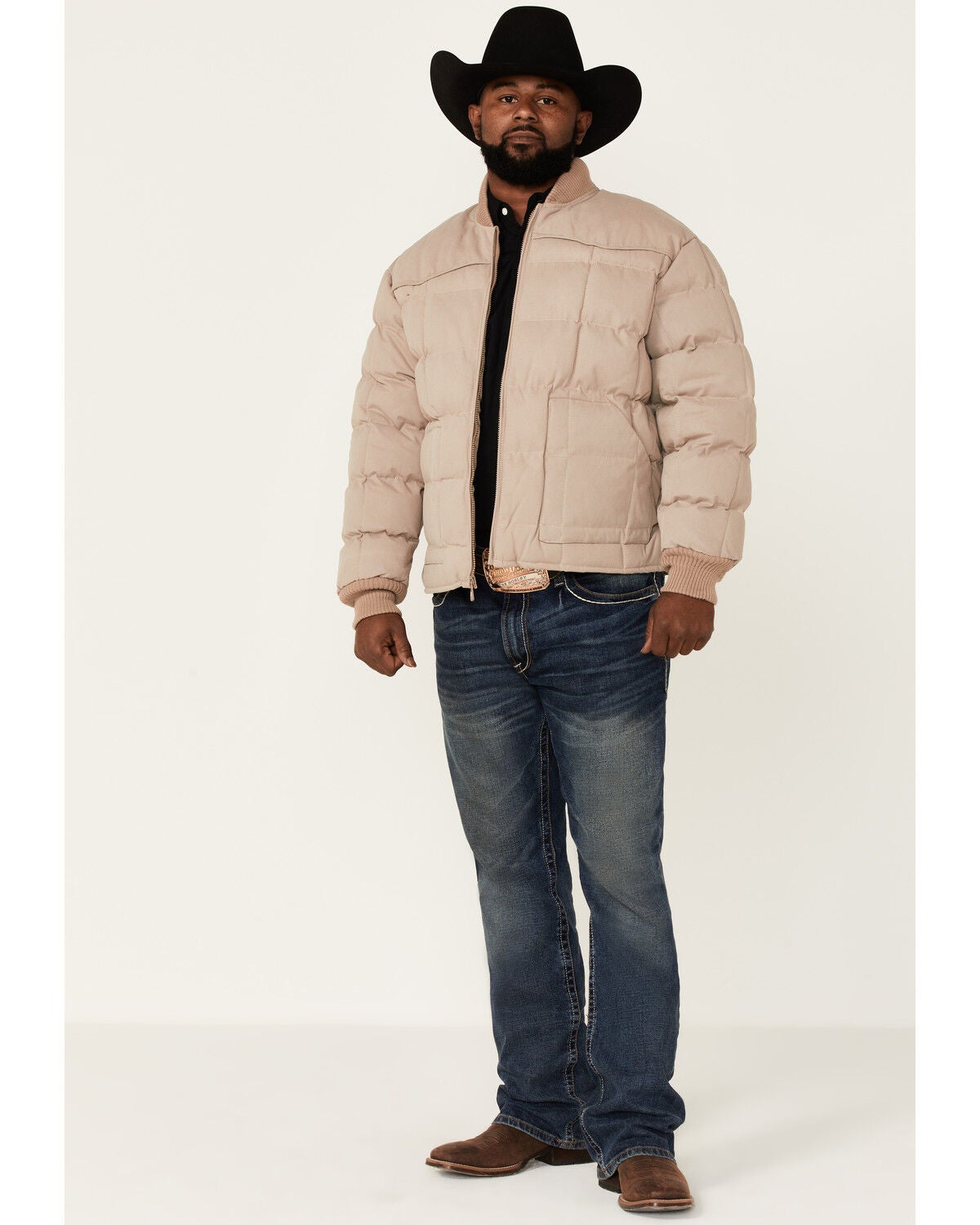 Rodeo Clothing Men's Khaki Canvas Zip-Front Western Puffer Jacket