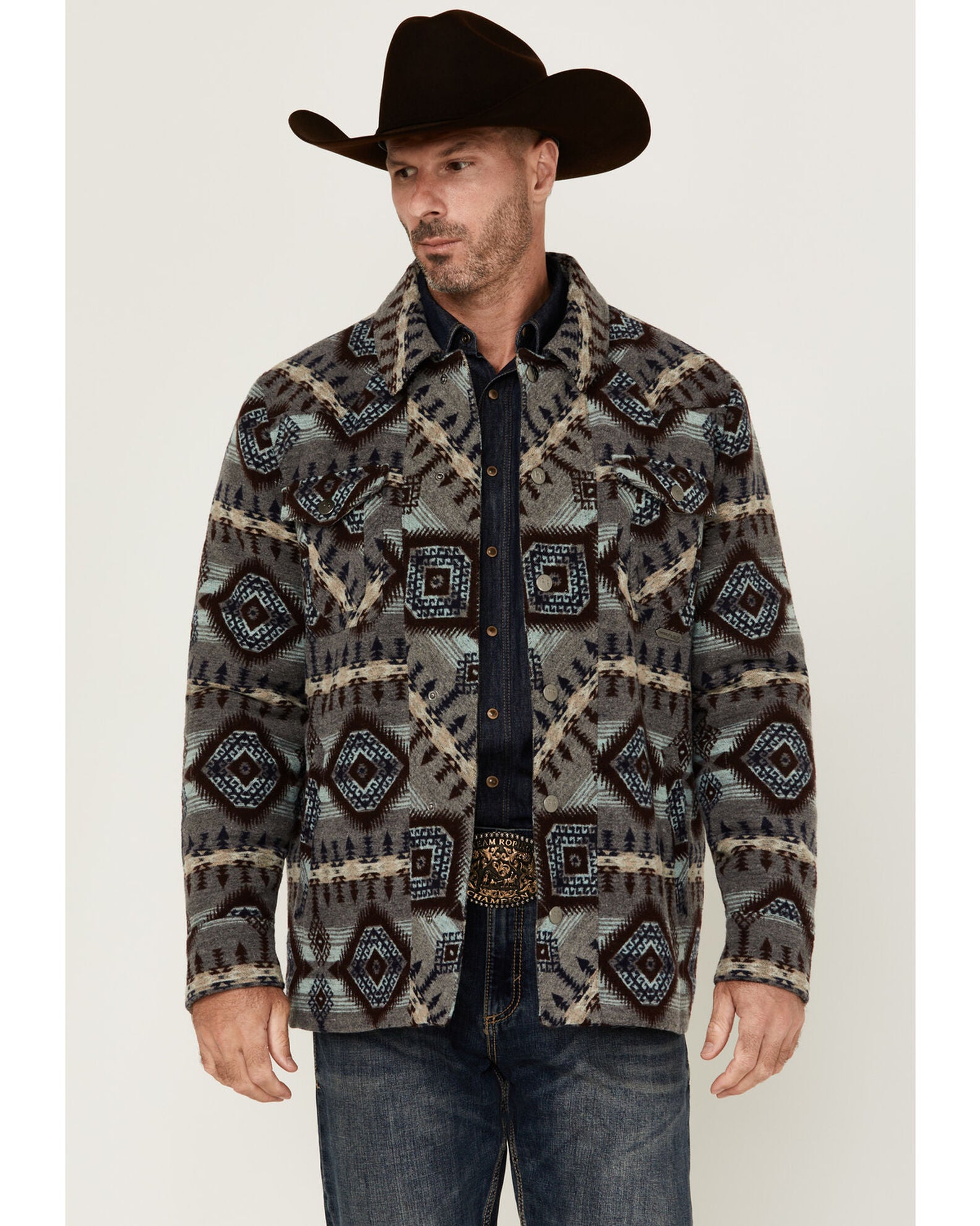 Powder River Outfitters Men's Southwestern Print Snap Jacket, Grey