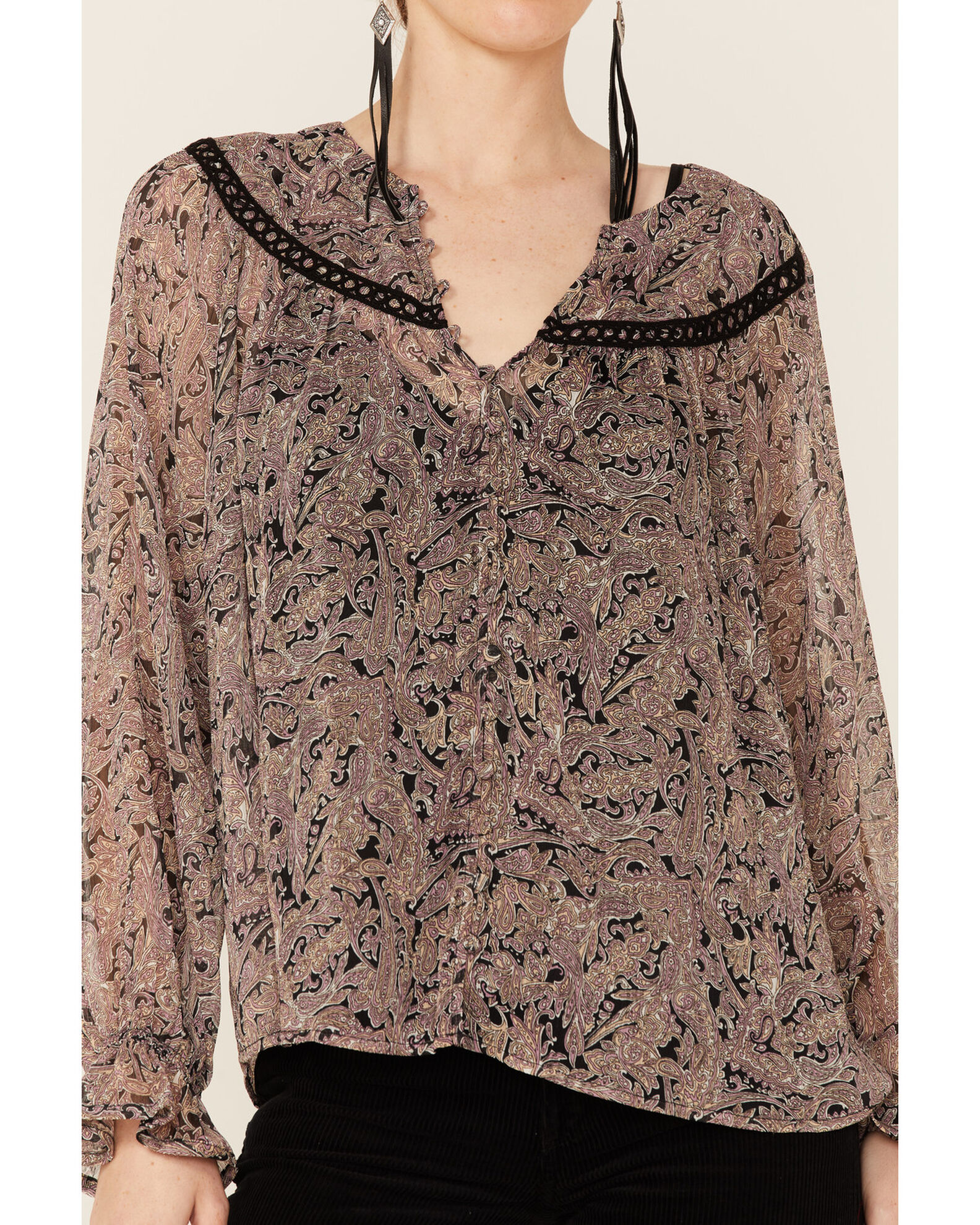 Lovestitch Womens Black Orchid Long Sleeve Lace Trim Peasant Blouse