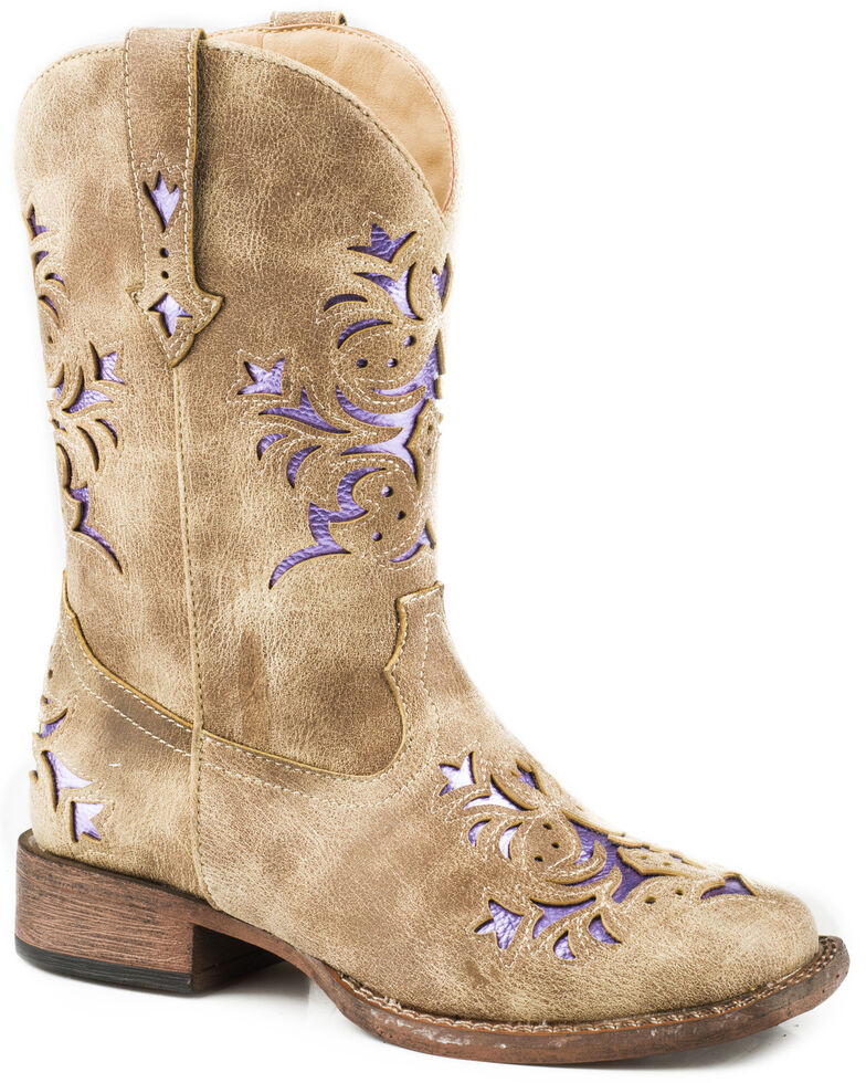 Roper Girls Lola Tan Metallic Underlay Cowgirl Boots Square Toe