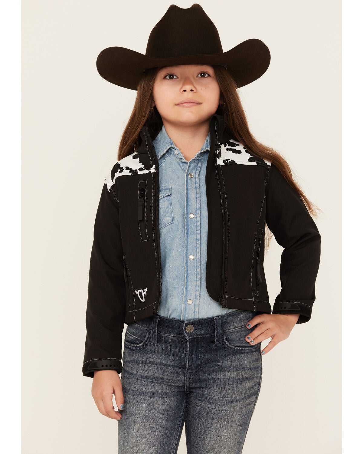 Cowgirl Hardware Girls' Cow Print Yoke Poly Shell Jacket, Black