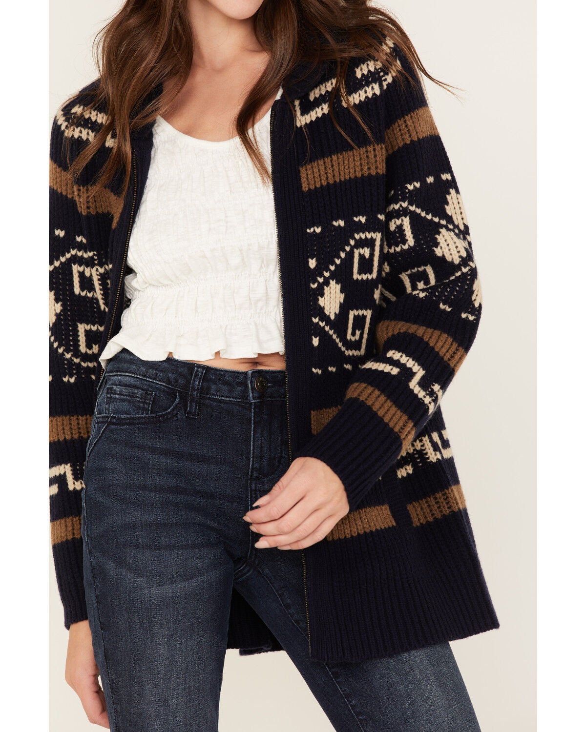 Pendleton Women's Westerley Mixed Print Long Cardigan Sweater, Brown/blue