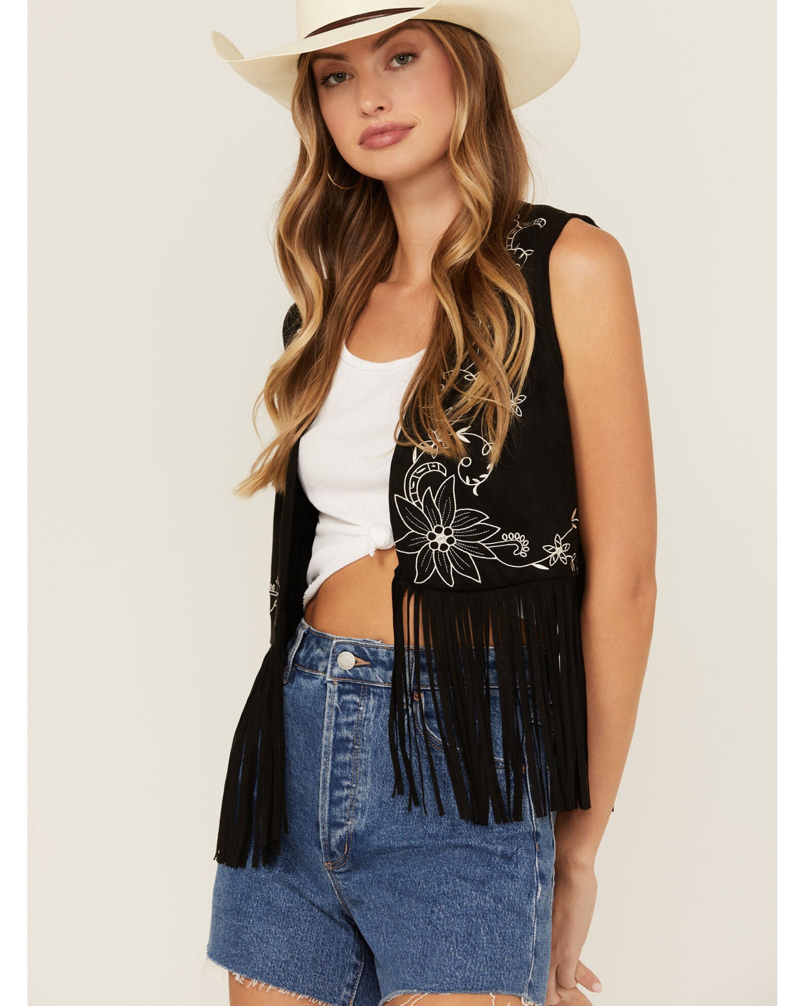 Product Name: Vocal Women's Floral Embroidered Faux Suede Fringe Vest