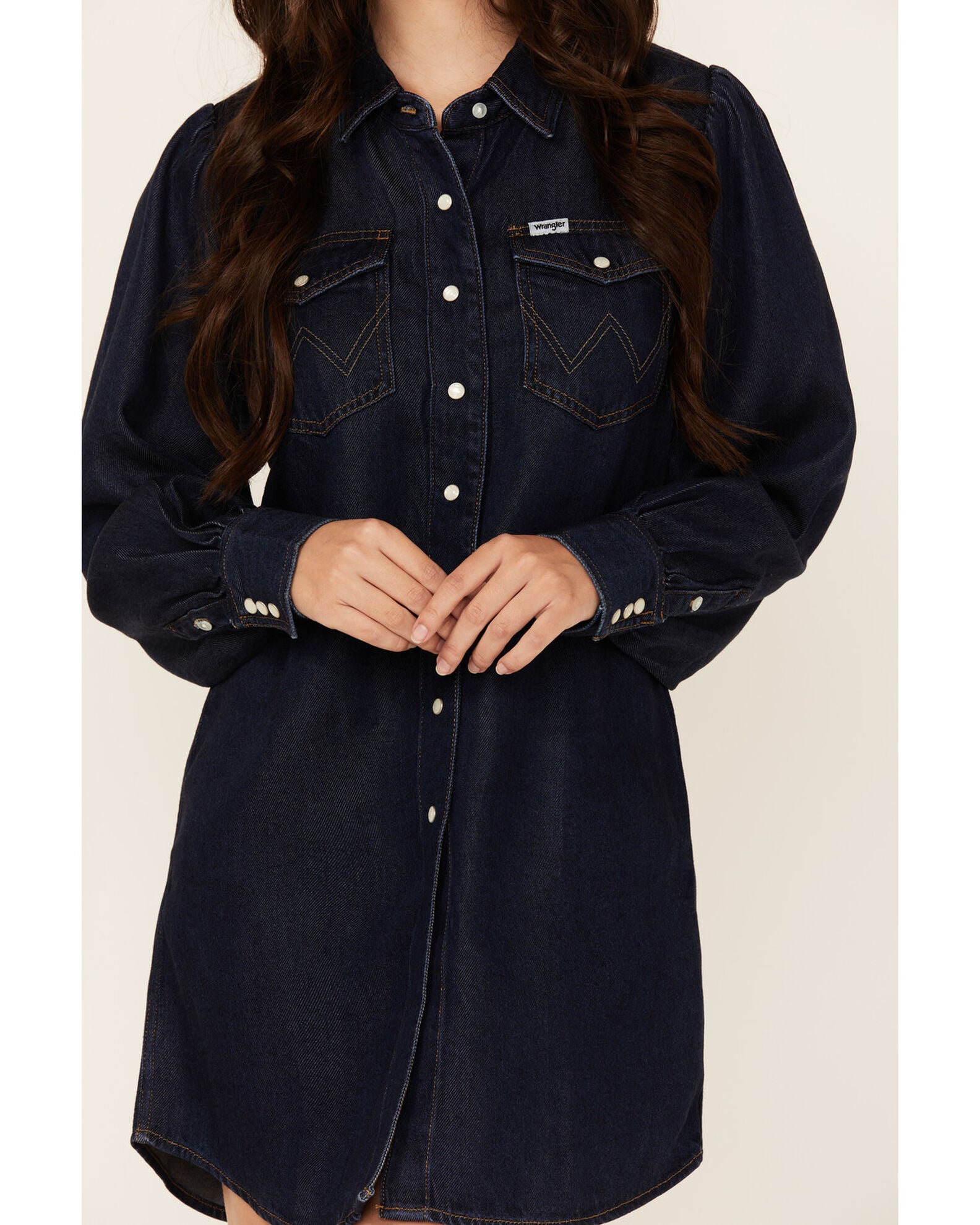 Wrangler Women's Dark Wash Denim Balloon Sleeve Shirt Mini Dress, Dark Wash